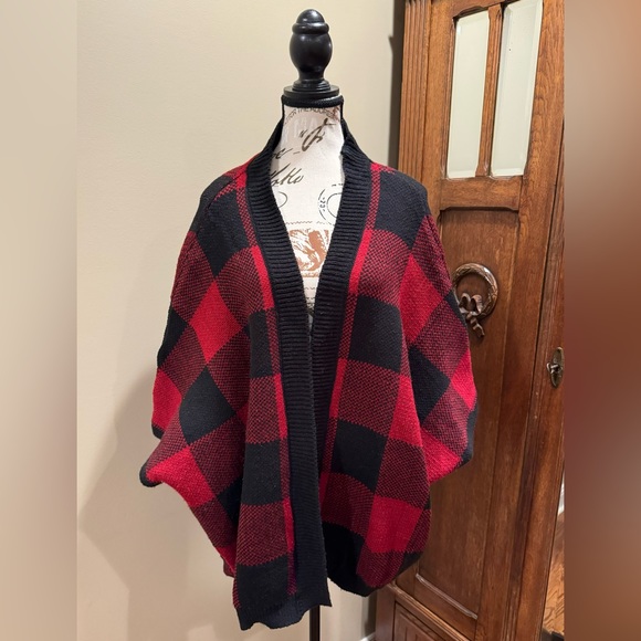 Vintage | Sweaters | Vintage Black Red Buffalo Check Sweater Cape ...